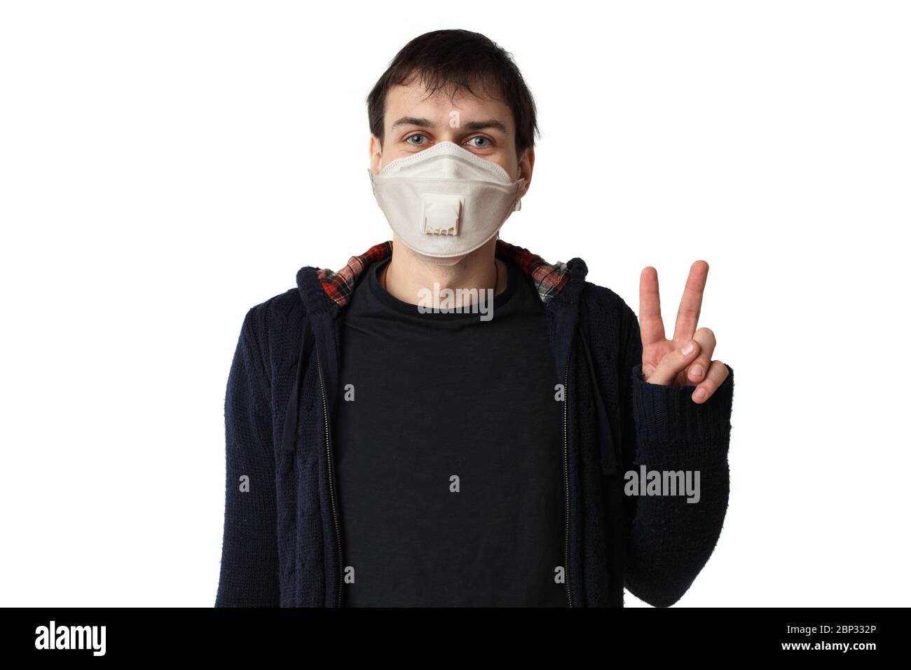Man in protective mask making peace gesture isolated on white ...