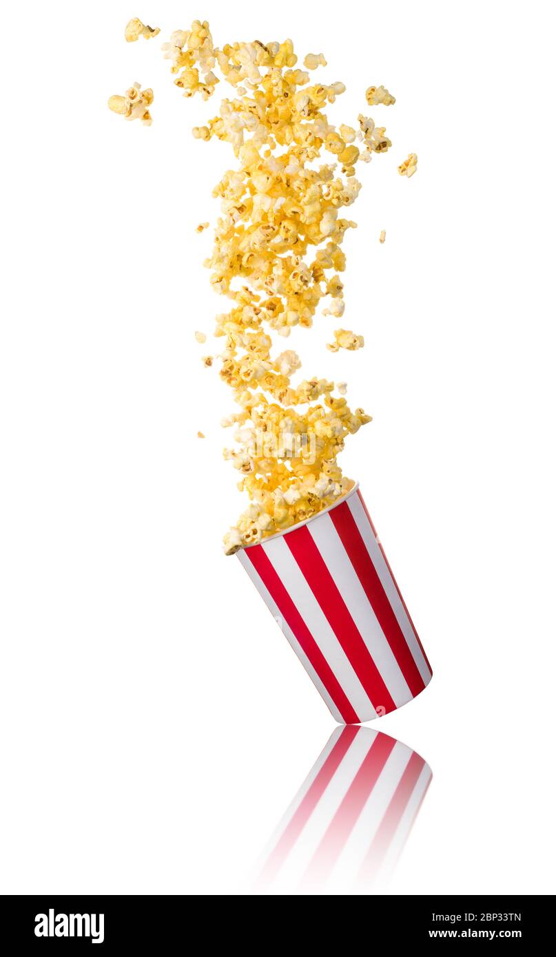 Flying popcorn from paper striped bucket isolated on white background ...