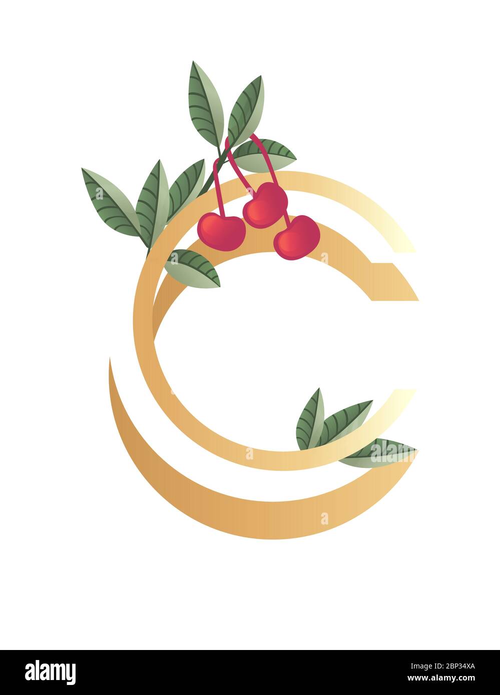 Letter C with gradient style beige color covered with green leaves and ...