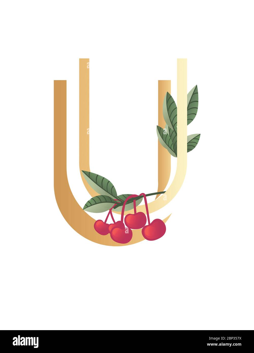 Letter U with gradient style beige color covered with green leaves and ...