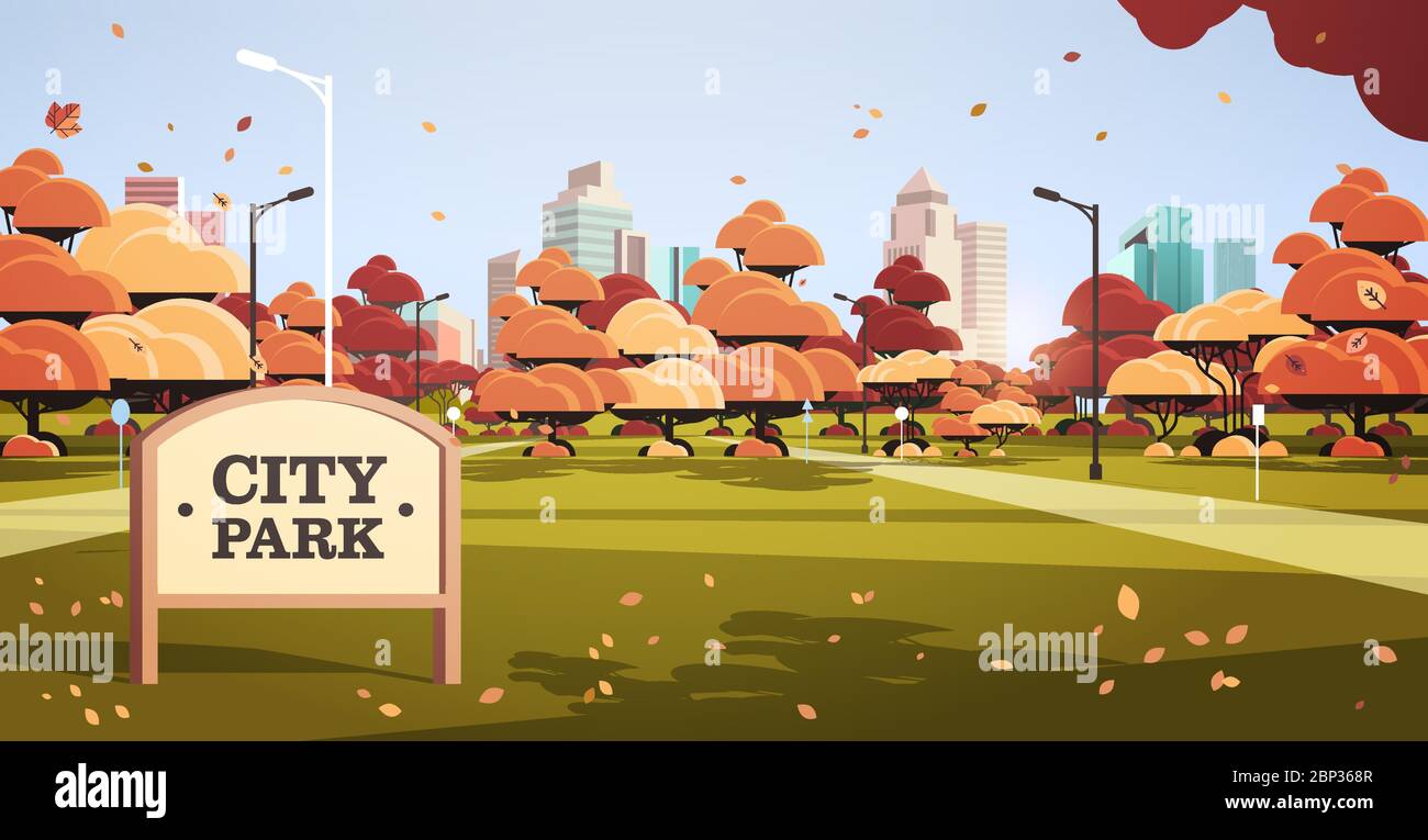 sign board in autumn city park skyline with yellow leaves falling in ...