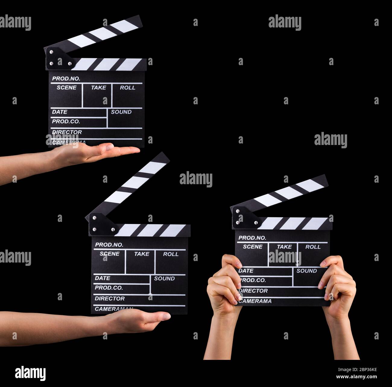 Set of film clapper boards and human hands isolated on black background ...