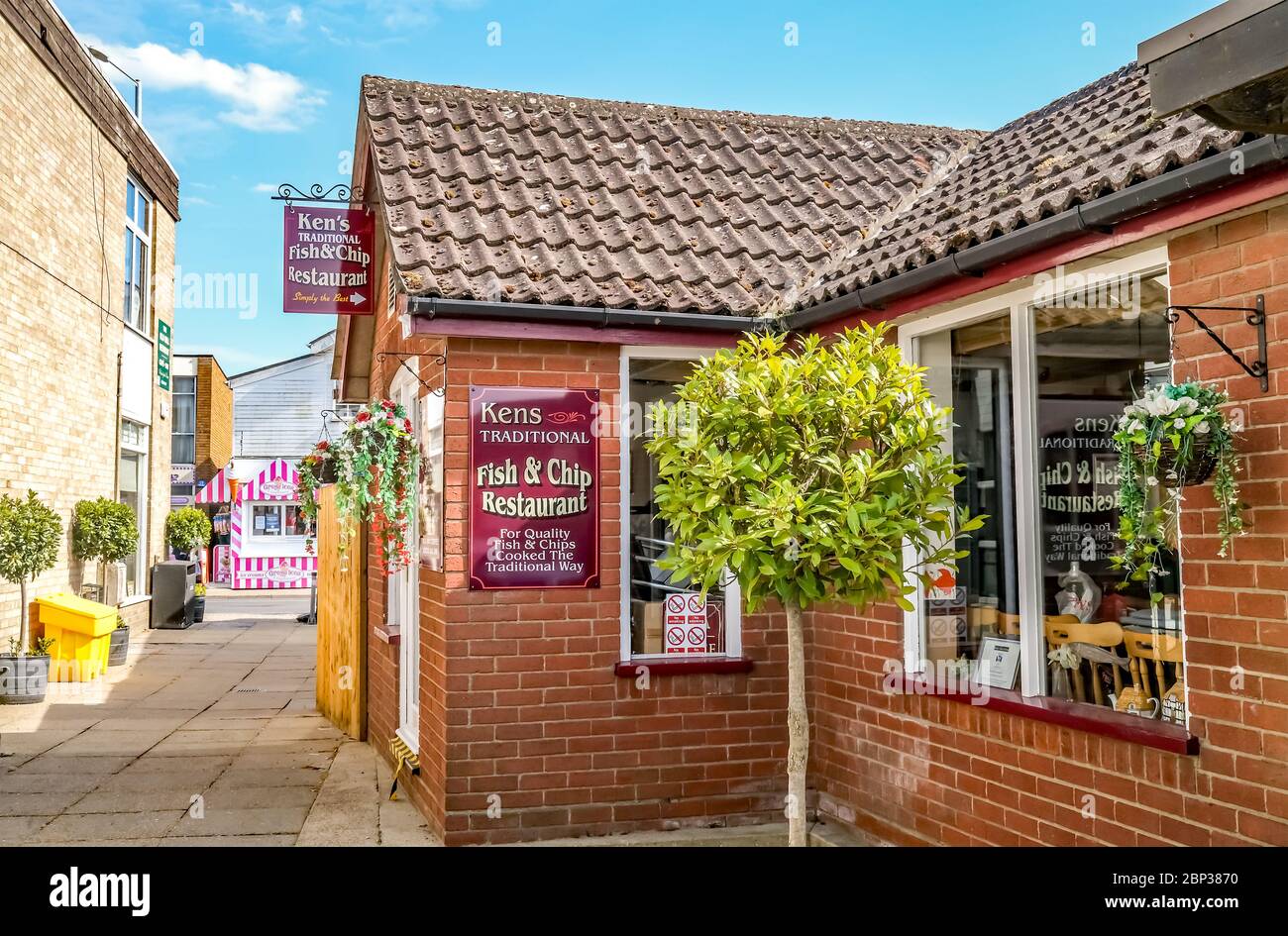 Wroxham, Norfolk, UK – May 17 2020. The exterior of Kens Fish and chip ...