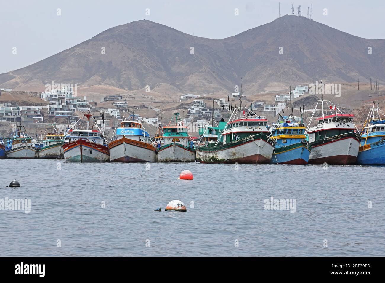 fishing boats tied up in harbour Pucusana, Peru March Stock Photo - Alamy
