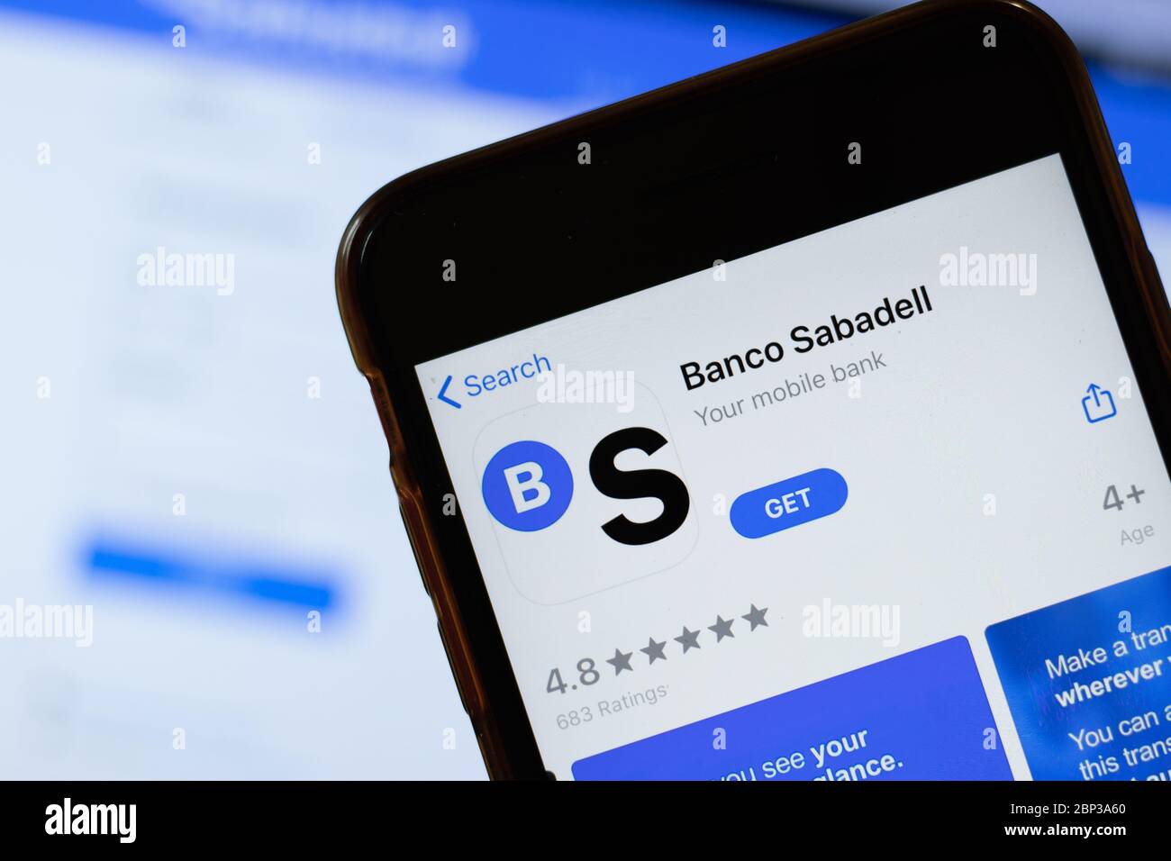 New York, USA - 15 May 2020: Banco Sabadell mobile app logo on phone ...