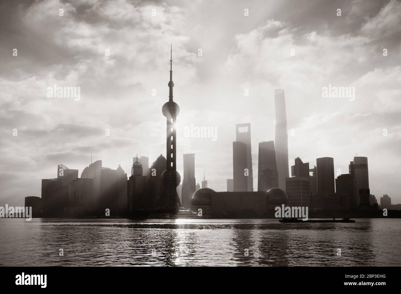 Shanghai morning with sunny sky and water reflections in China Stock ...