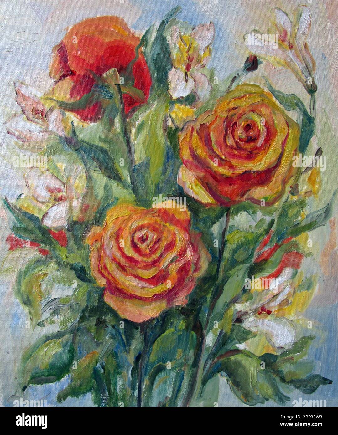 Bouquet of orange and yellow roses, oil painting Stock Photo - Alamy