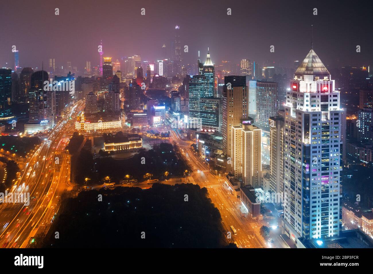 Shanghai aerial night view from above with city skyline and skyscrapers ...