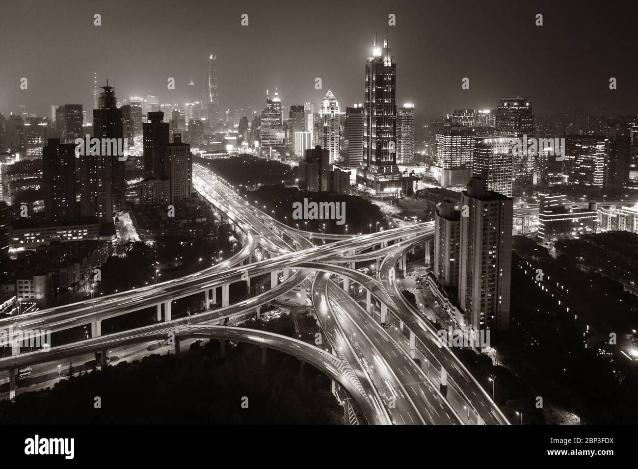 Shanghai Yanan Road overpass bridge at night with heavy traffic in ...