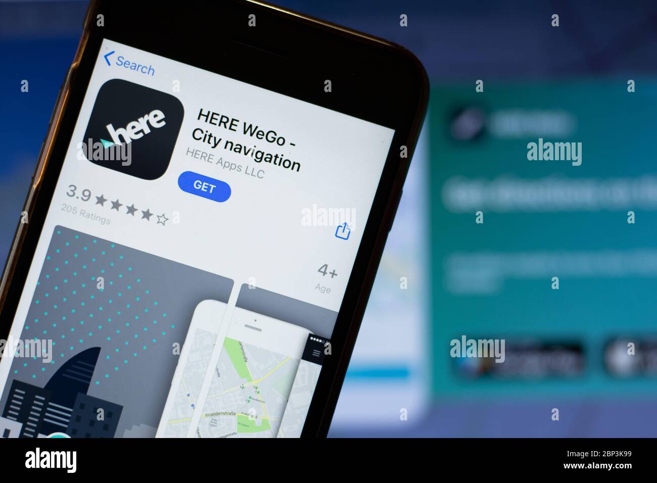 New York, USA - 15 May 2020: HERE WeGo mobile app logo on phone screen ...