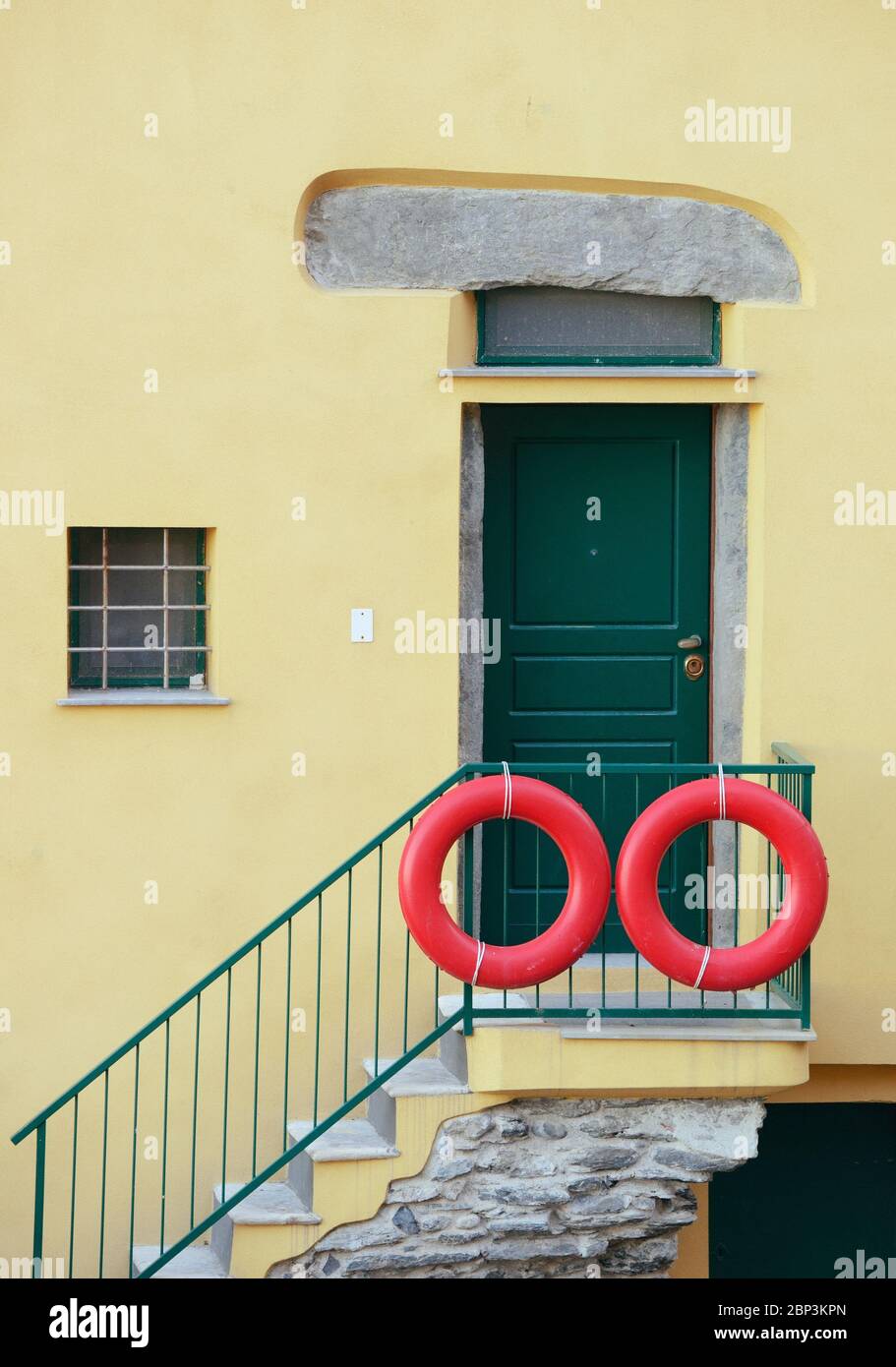 Italian style residential building closeup in Riomaggiore in Cinque ...