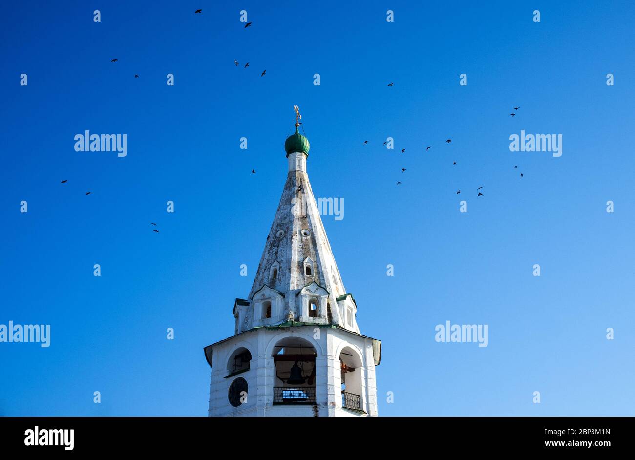 Birds circle the bell tower of the Orthodox ascension Church in Suzdal ...