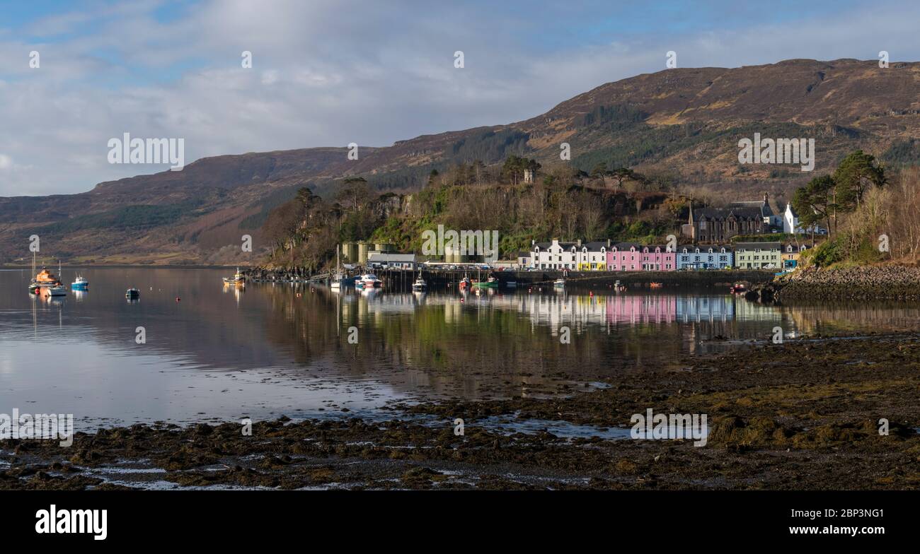 Portree, the capital of the Isle of Skye on a peaceful, calm, sunny day ...
