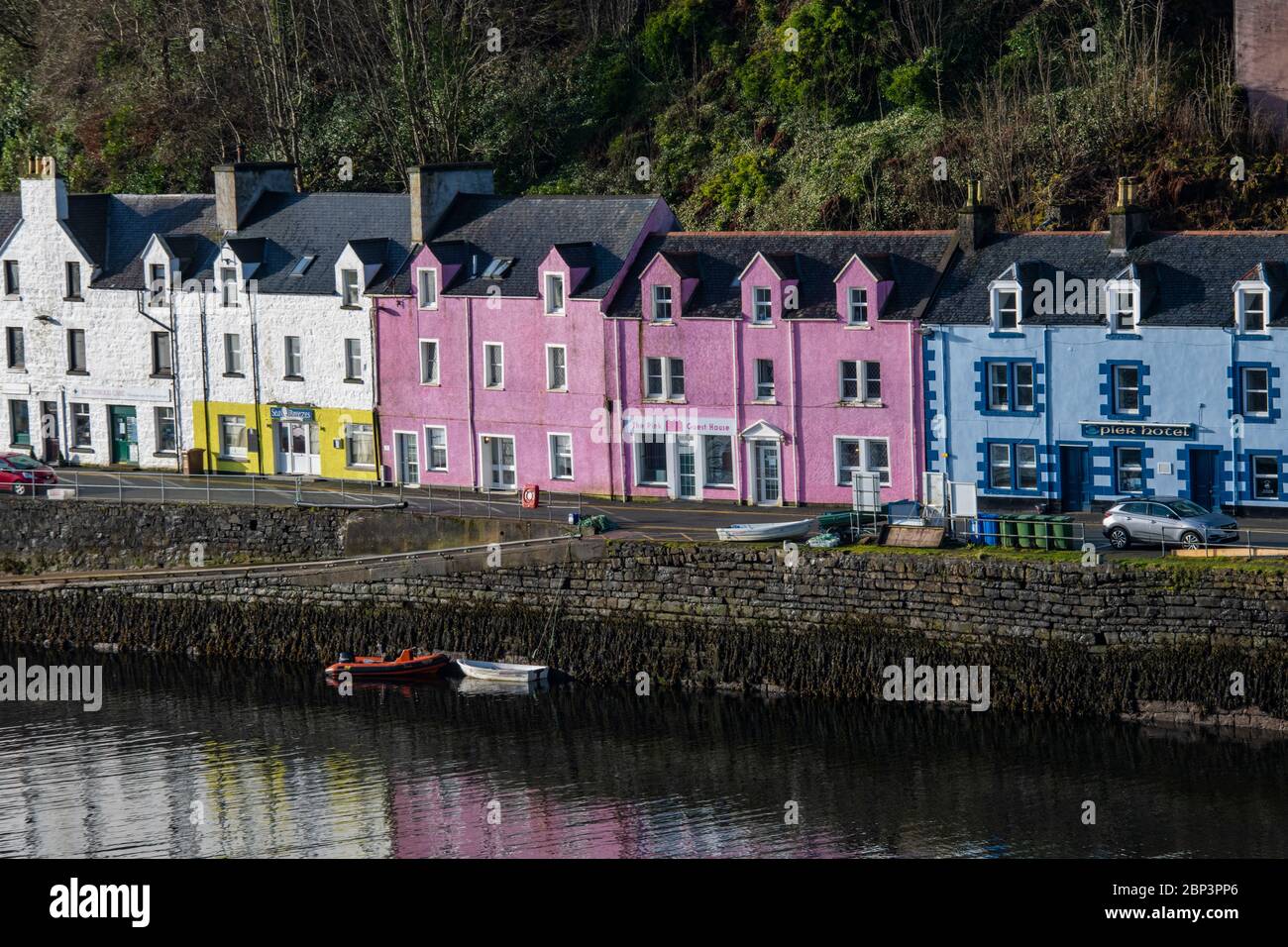 Portree, the capital of the Isle of Skye on a peaceful, calm, sunny day ...