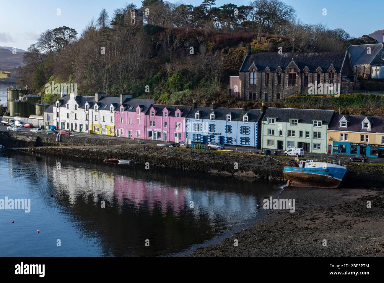 Portree, the capital of the Isle of Skye on a peaceful, calm, sunny day ...
