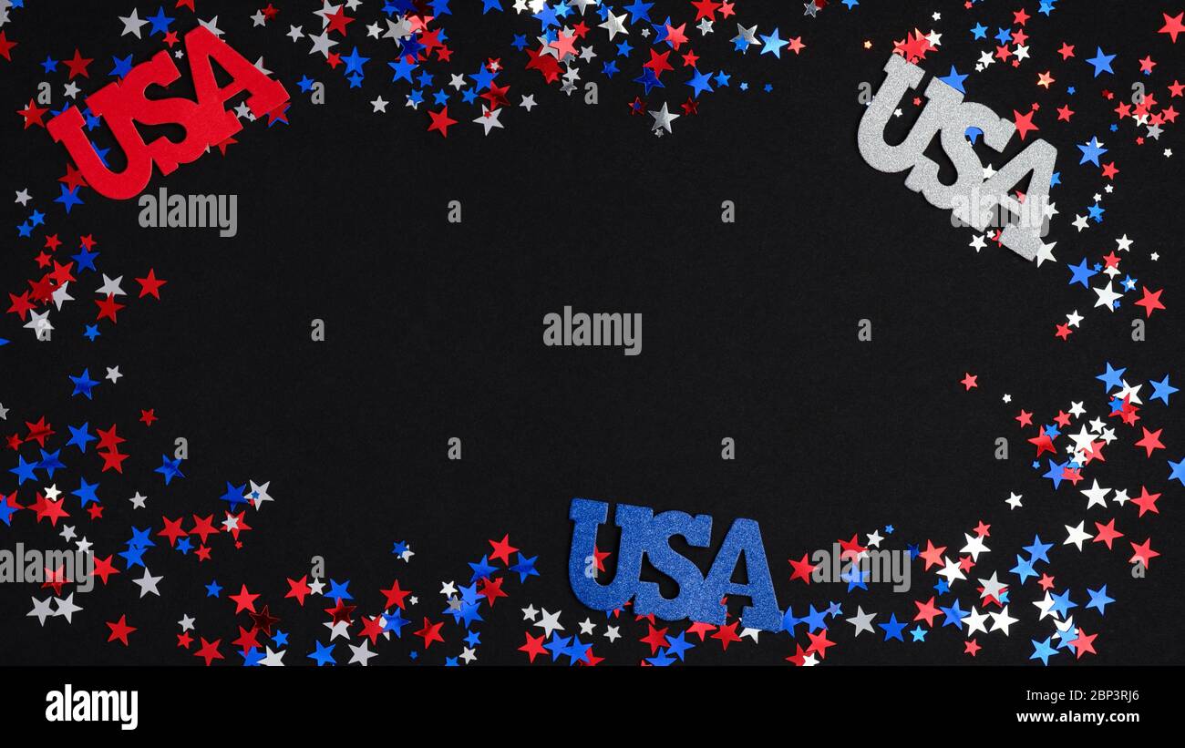 Red white blue confetti and USA signs on dark background. 4th of July ...