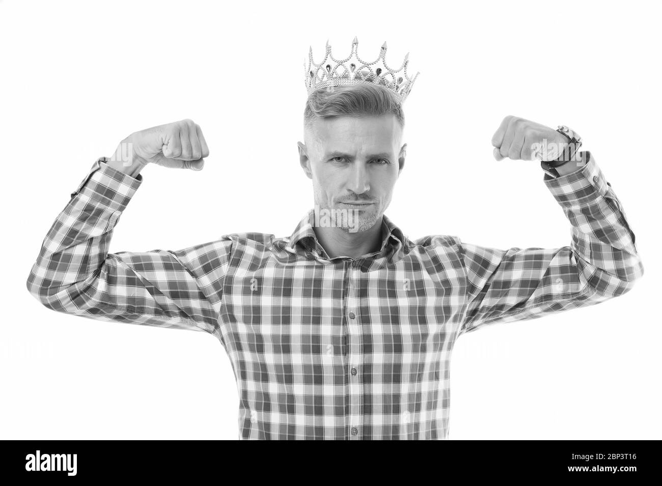 Live bigger. Big boss flex arms. Strong man wear crown. Big boss ...