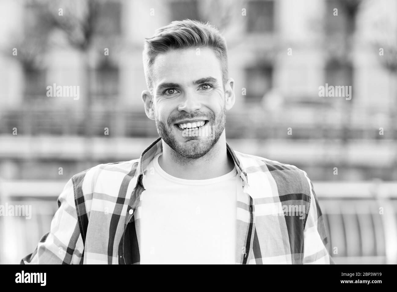 Just happy. Handsome male portrait. Facial hair and skin care concept ...