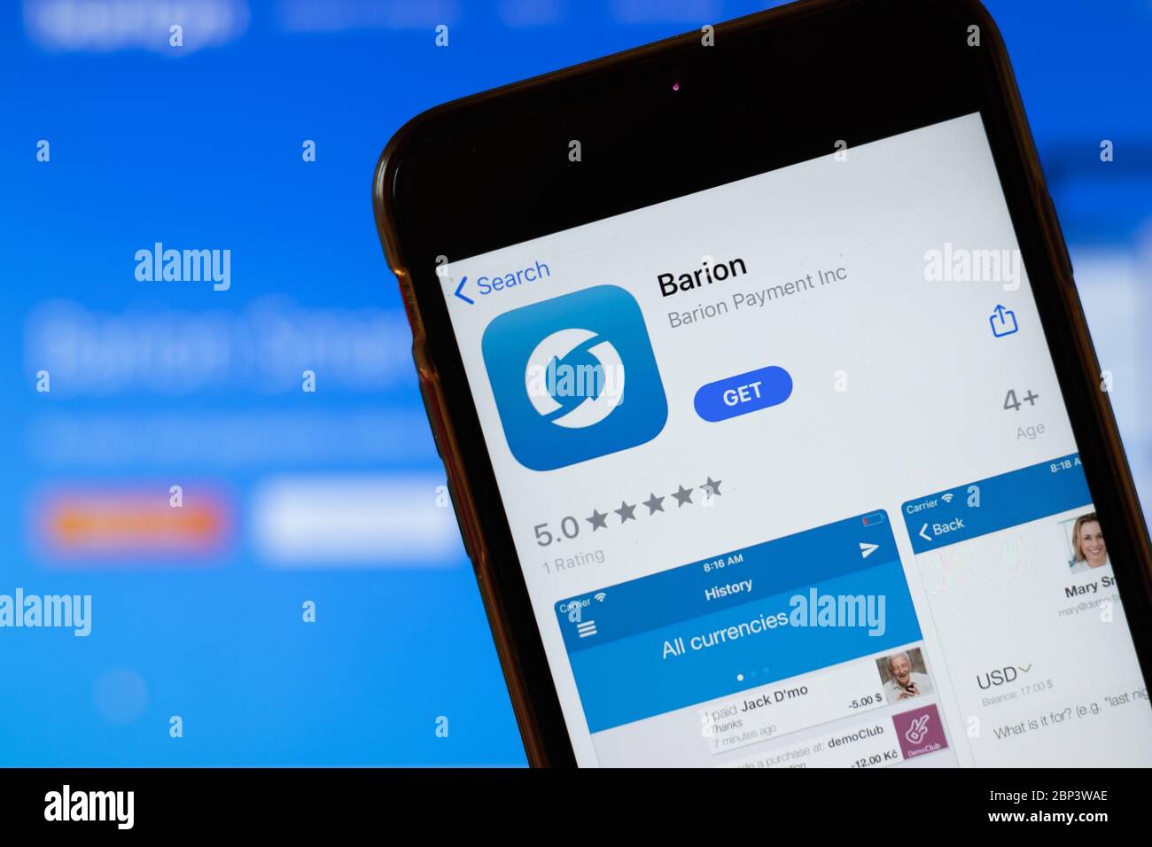 New York, USA - 15 May 2020: Barion mobile app logo on phone screen ...