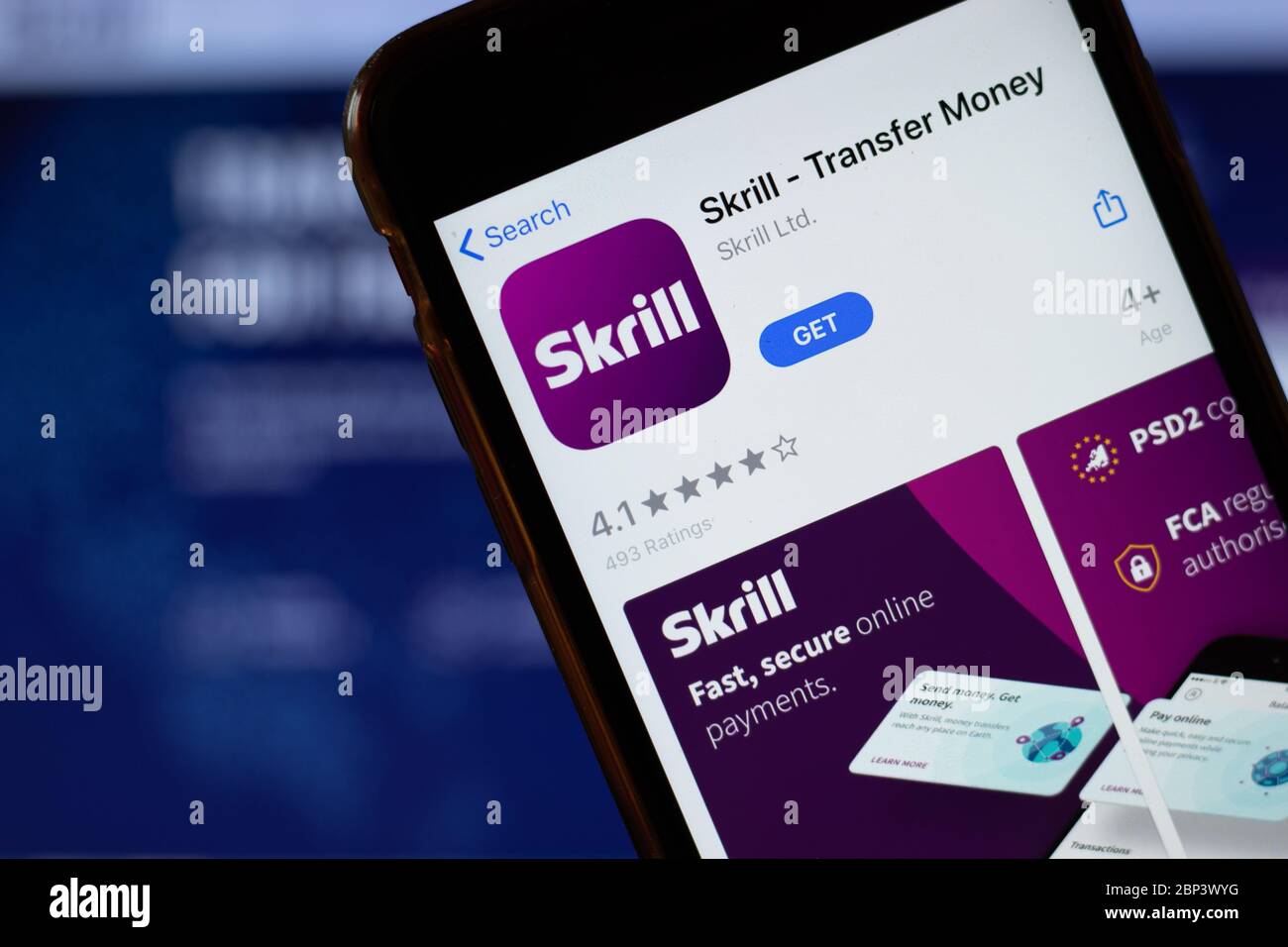 New York, USA - 15 May 2020: Skrill mobile app logo on phone screen ...