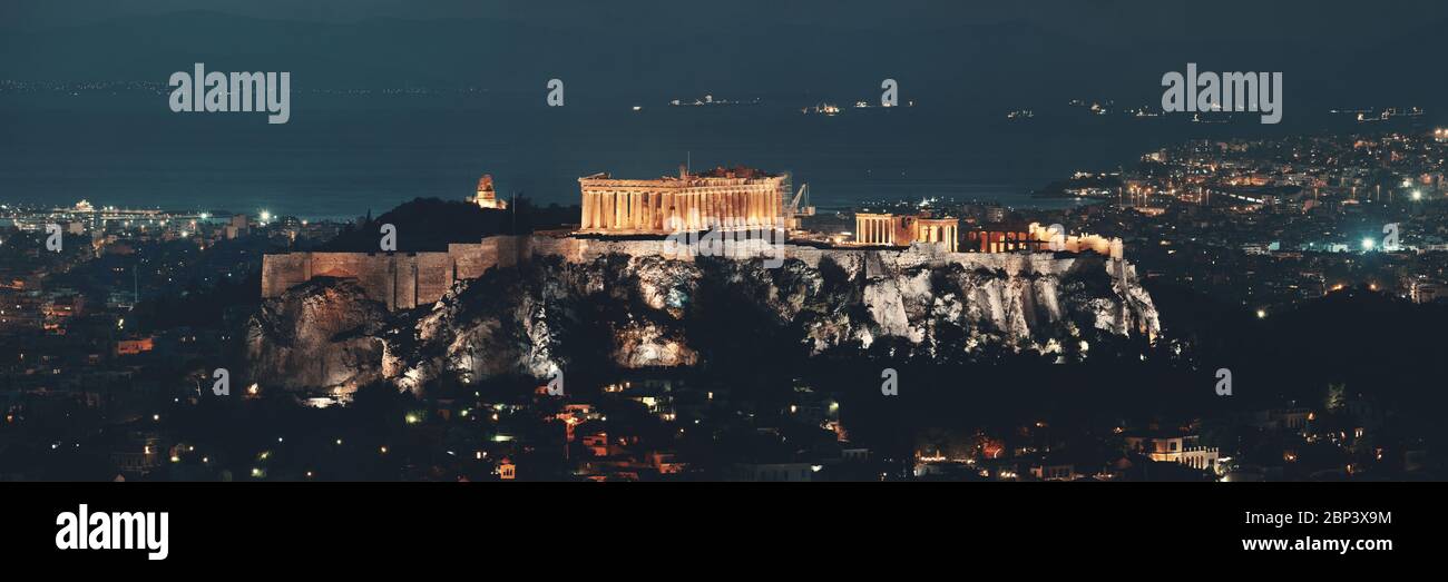 Acropolis historical ruins at night viewed from mountain, Greece Stock ...