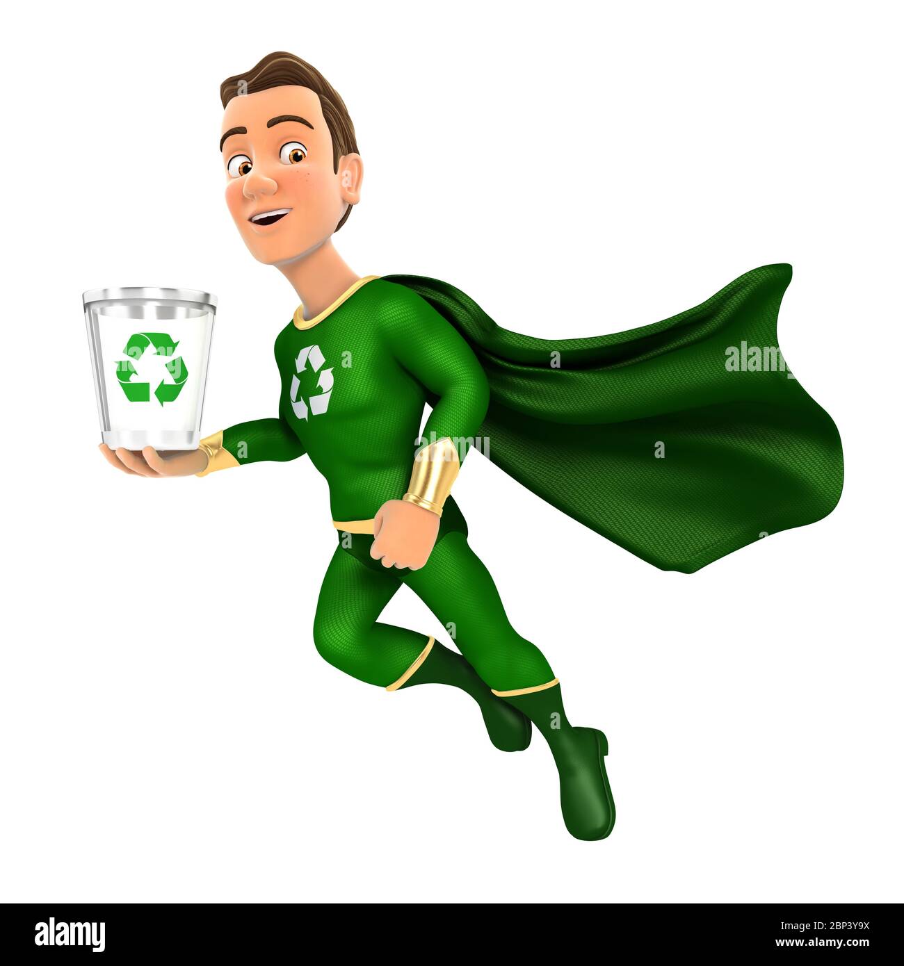 3d green hero flying and holding trash can icon, illustration with ...