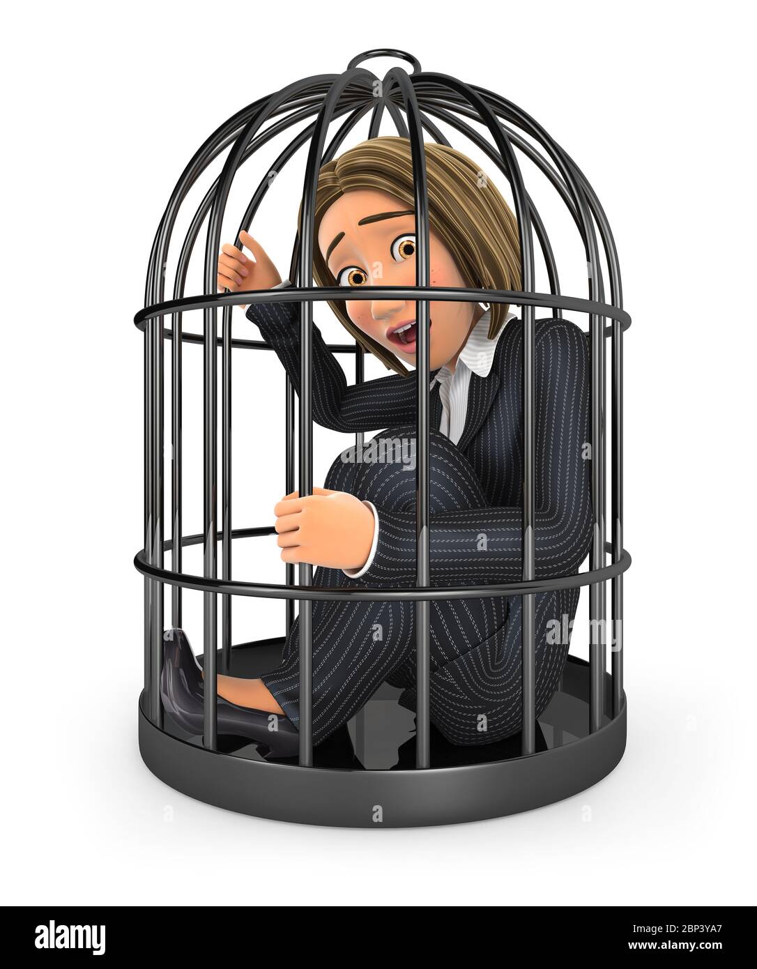 3d business woman locked in a cage, illustration with isolated white ...