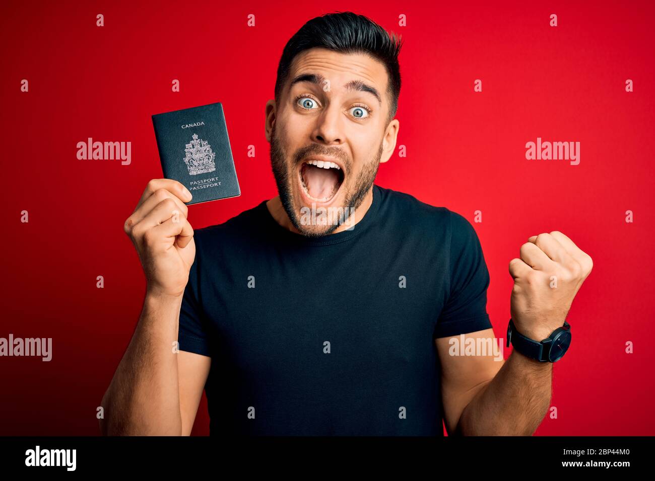 Young handsome tourist man holding canada canadian passport id over red ...