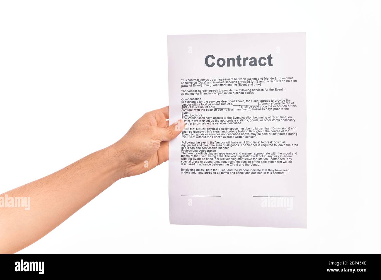 Holding business contract paper over isolated white background Stock ...