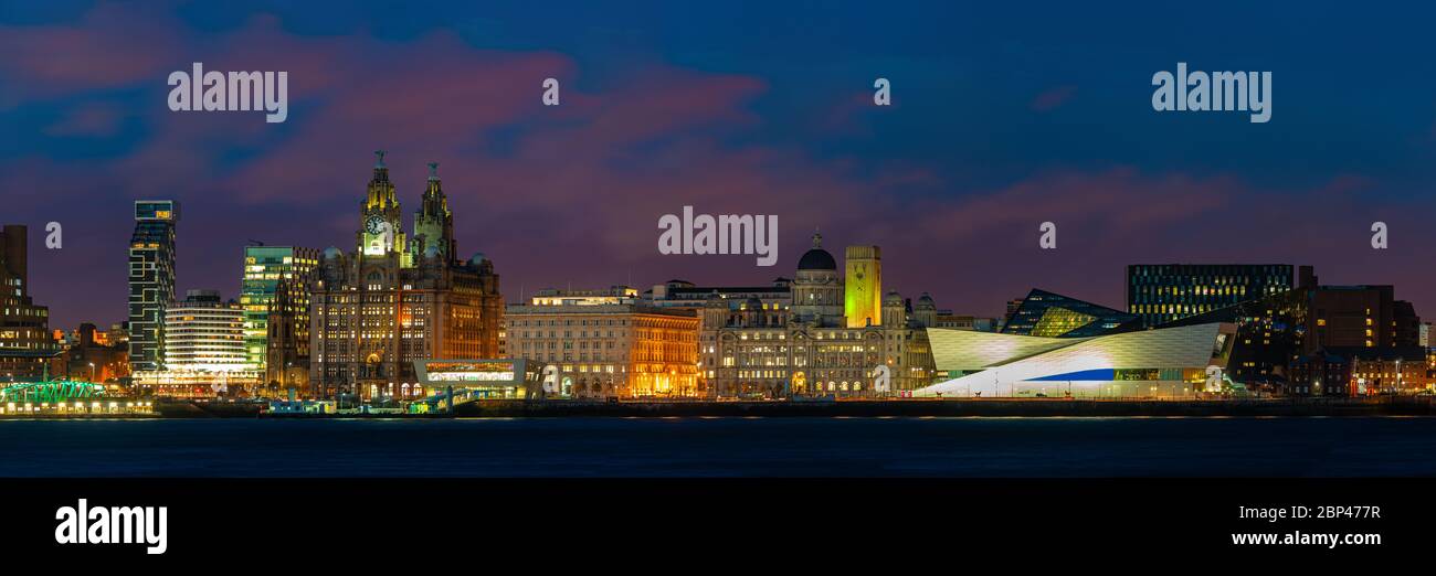Liverpool skyline cityscape at night with buildings in England in ...