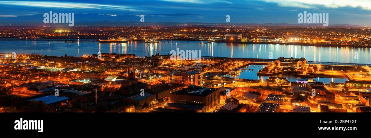 Liverpool skyline rooftop view at night with buildings in England in ...