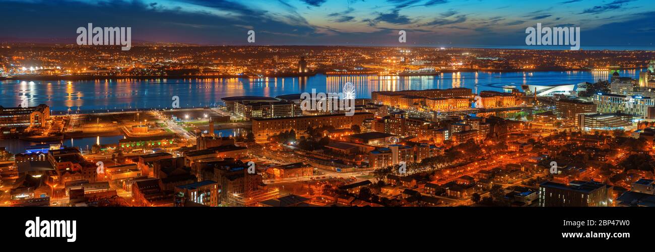 Liverpool skyline rooftop view at night with buildings in England in ...