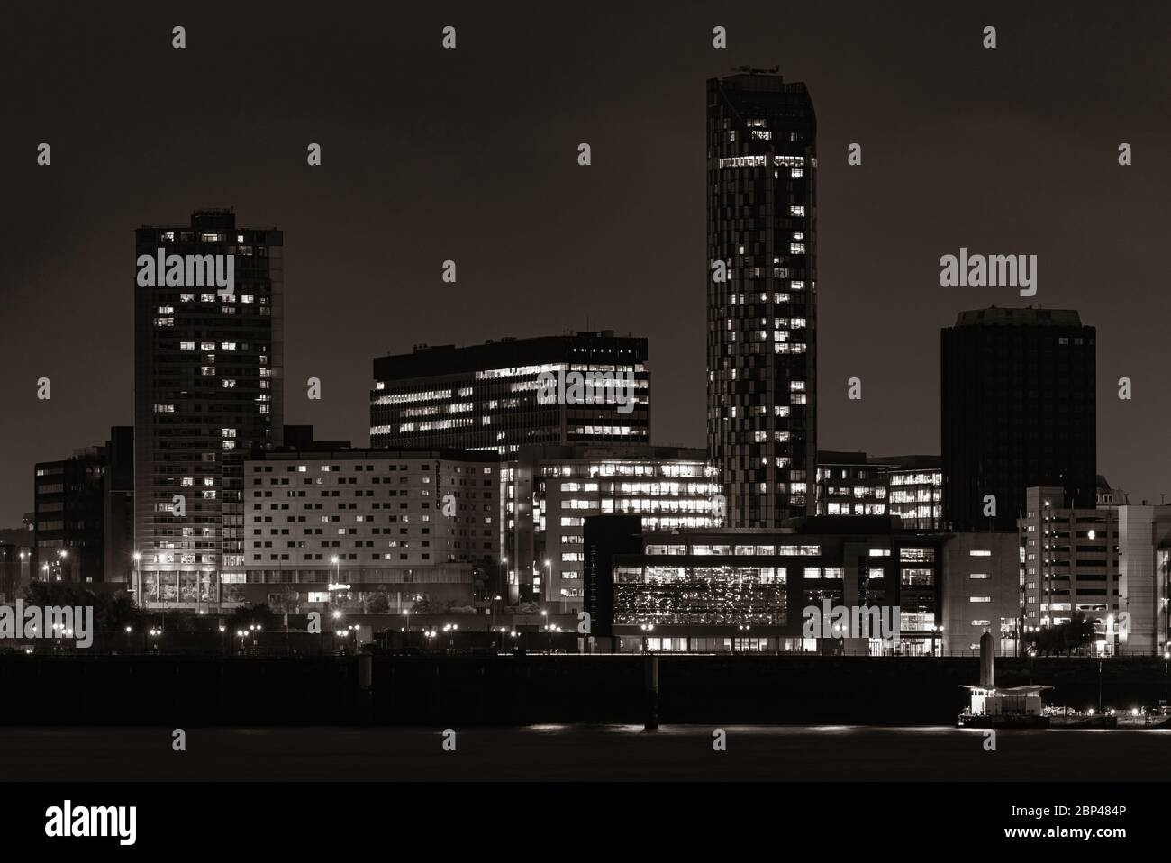 Liverpool skyline cityscape at night with buildings in England in ...