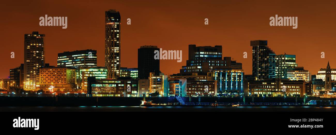 Liverpool skyline cityscape at night with buildings in England in ...