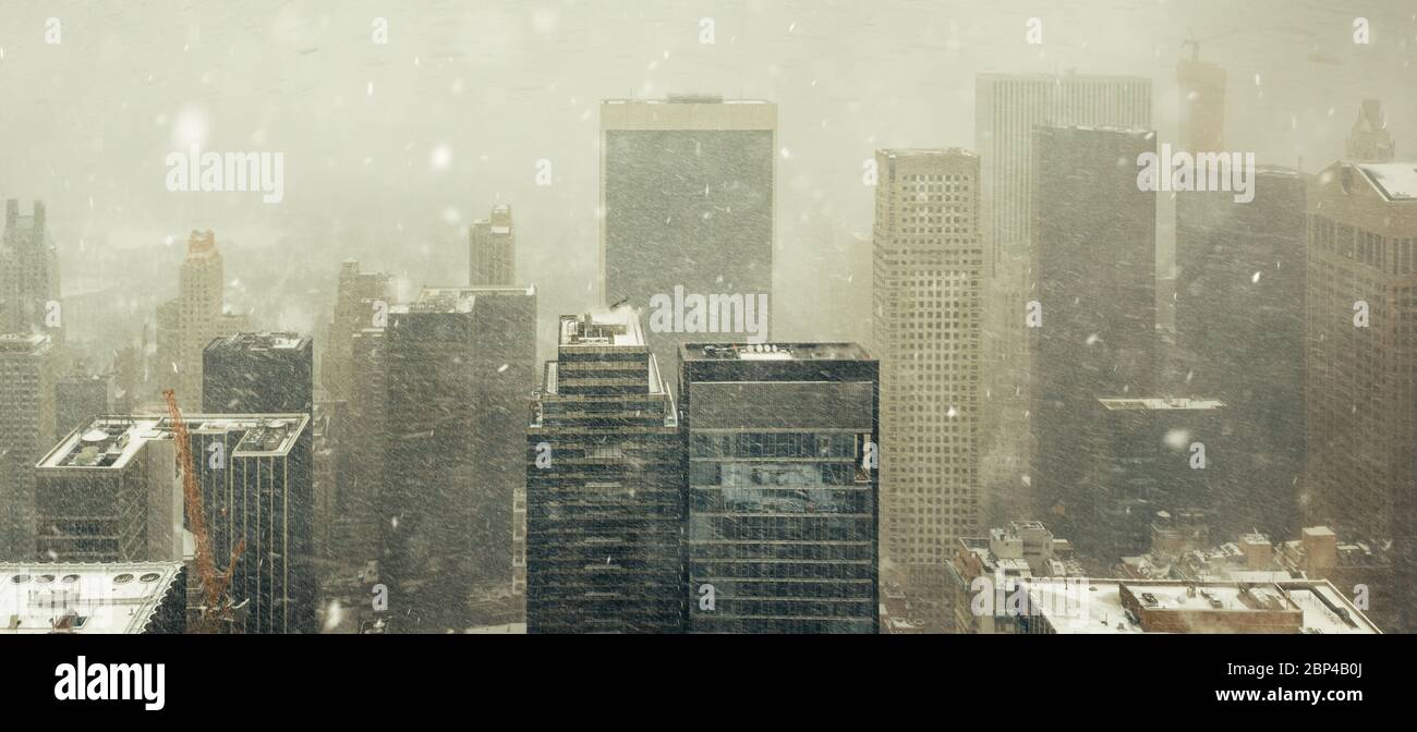 New York City skyline urban view in winter snow with historical ...