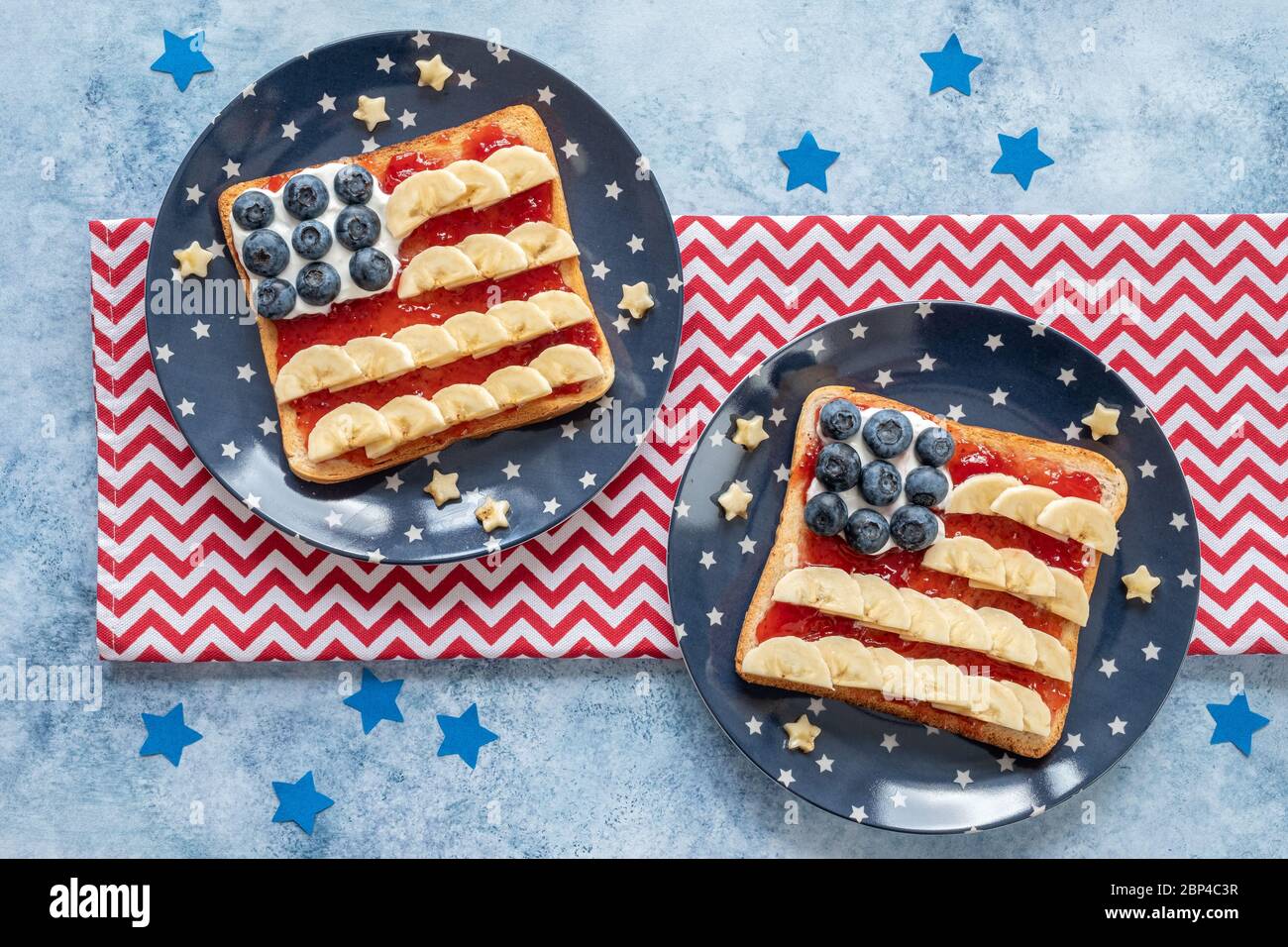 American flag toast with banana, strawberry jam and blueberry for ...