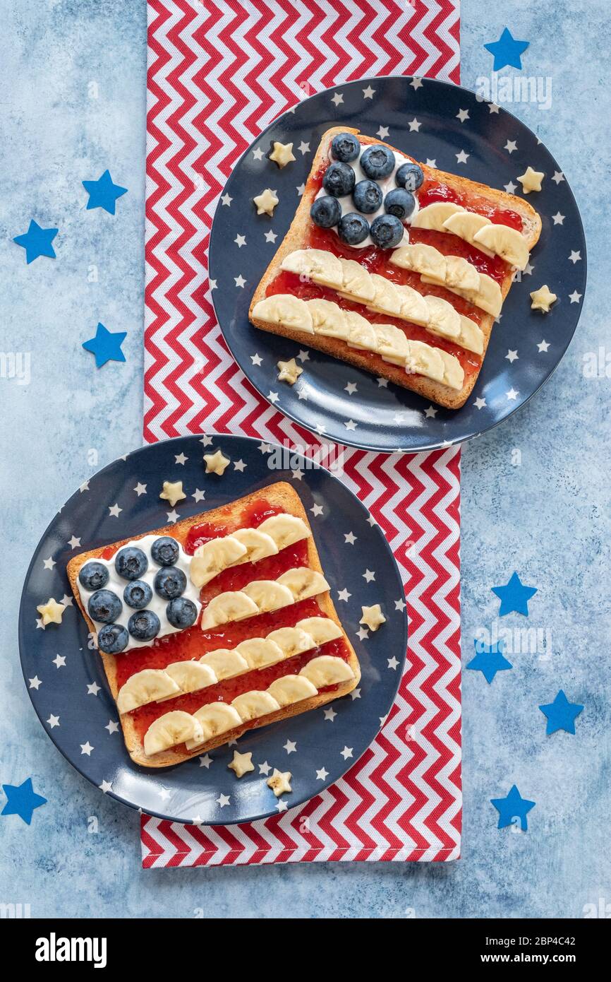 American flag toast with banana, strawberry jam and blueberry for ...