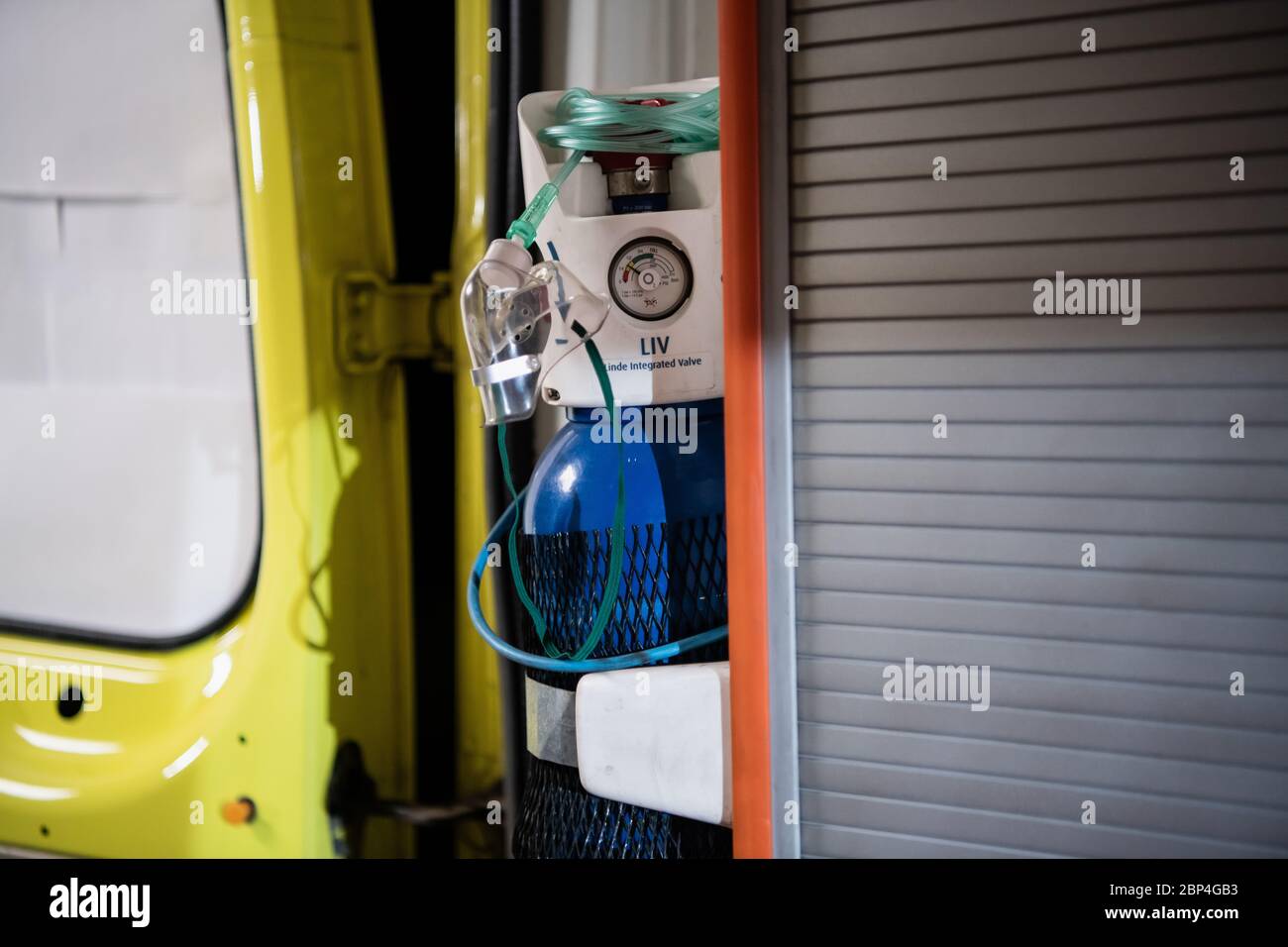 Close up photo of medical equipment, oxygen reservoir, in an ambulance ...