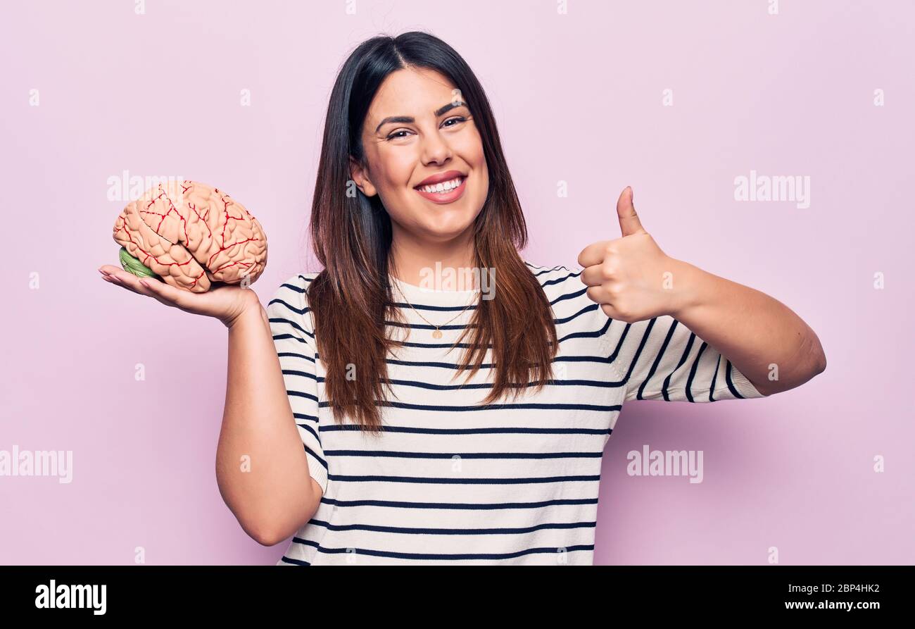 Young beautiful brunette woman asking for memory healthy and mental ...