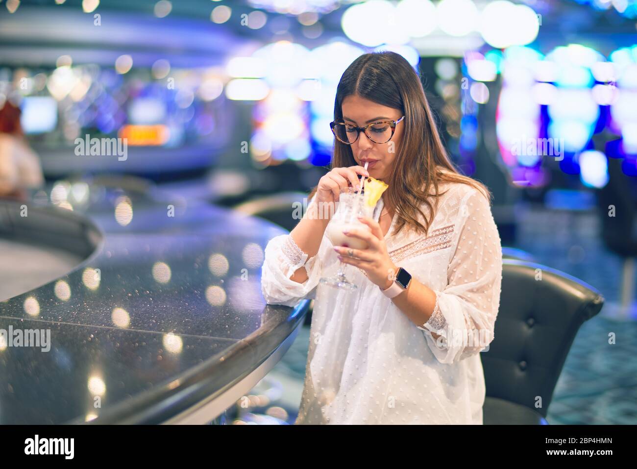 Young beautiful woman on vacation smiling happy and confident. Standing ...