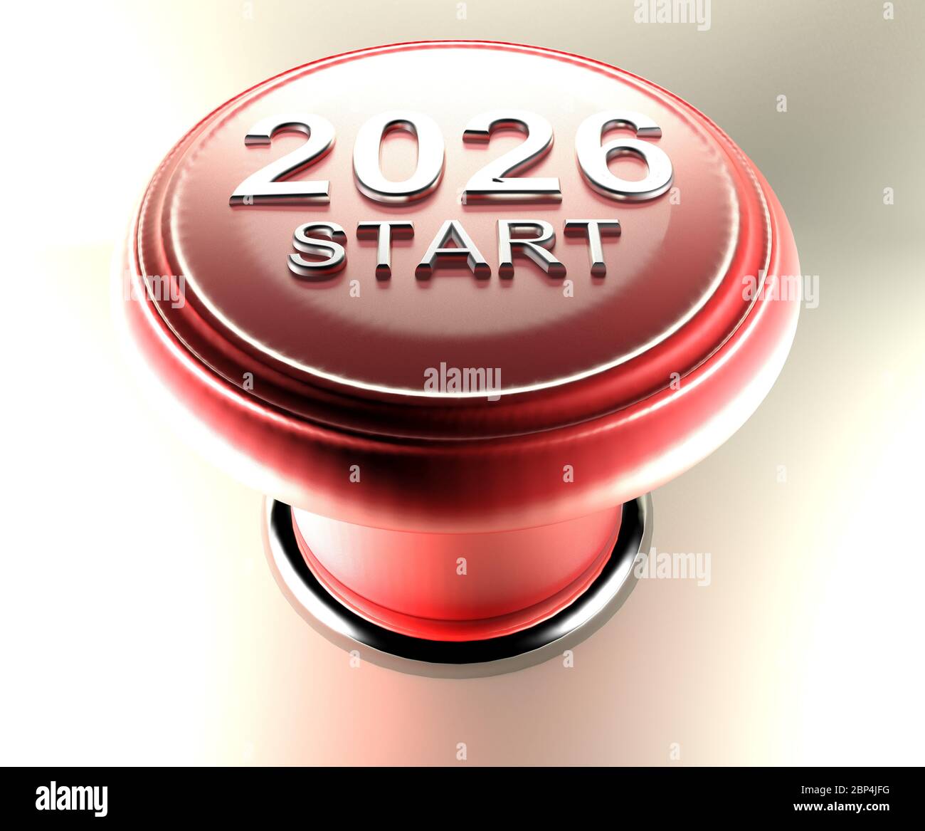 2026 START on red emergency push button - 3D rendering illustration ...