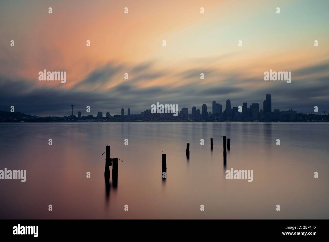 Seattle city skyline view with abandoned pier over sea with urban ...