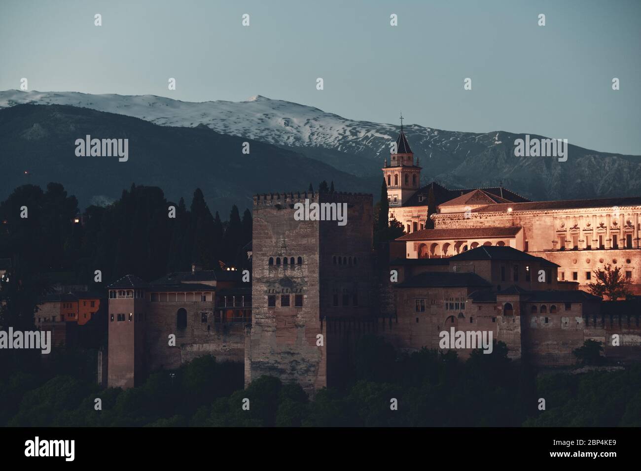 Granada Alhambra panoramic view at night over mountain in Spain Stock ...