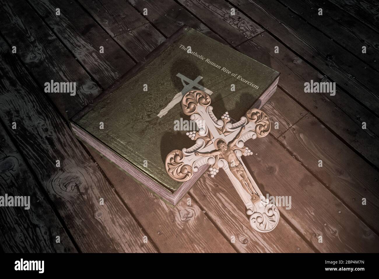 exorcism book on wooden floor 3d illustration Stock Photo - Alamy