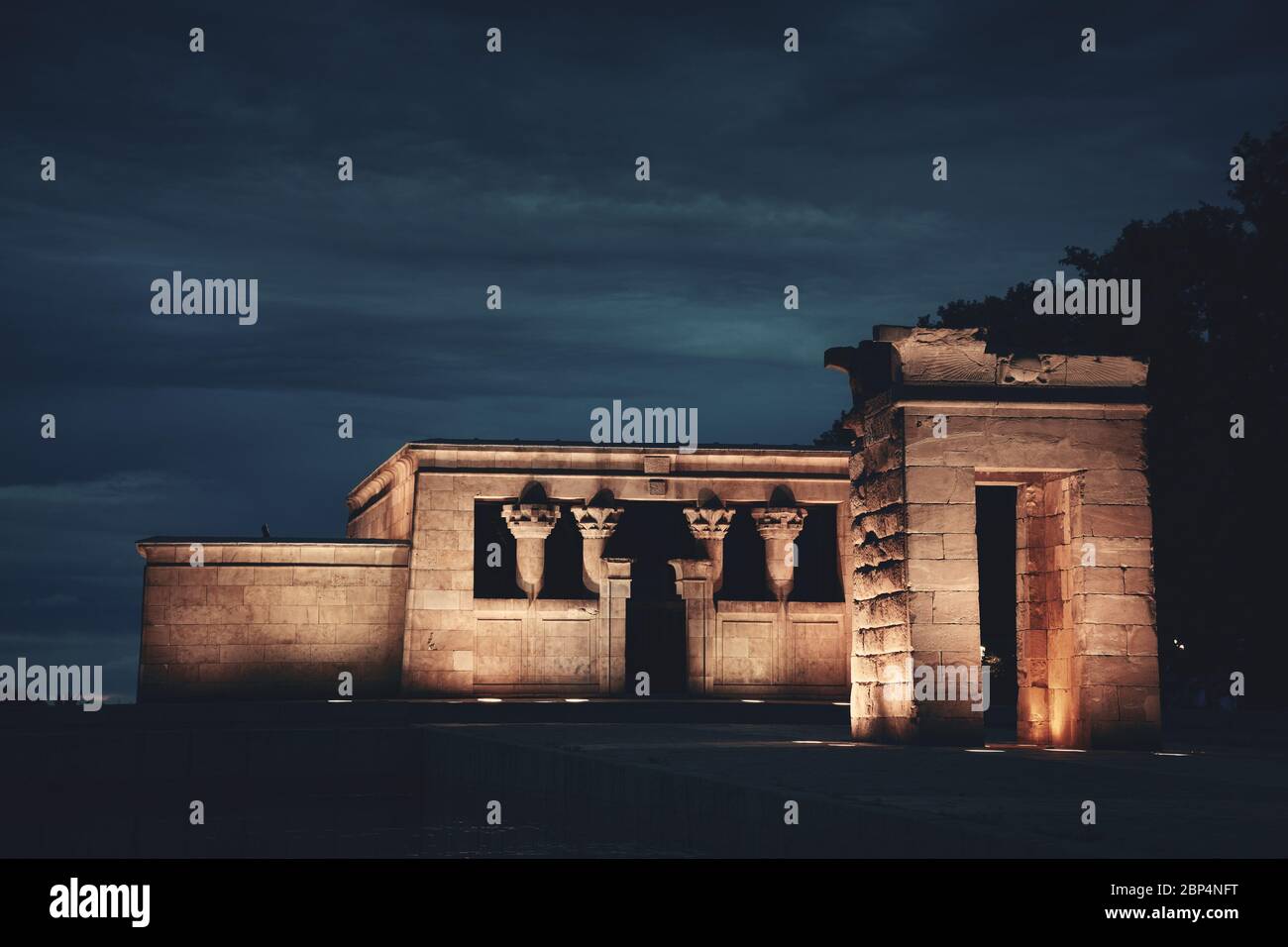 Temple of Debod at night with reflection in Madrid, Spain Stock Photo ...