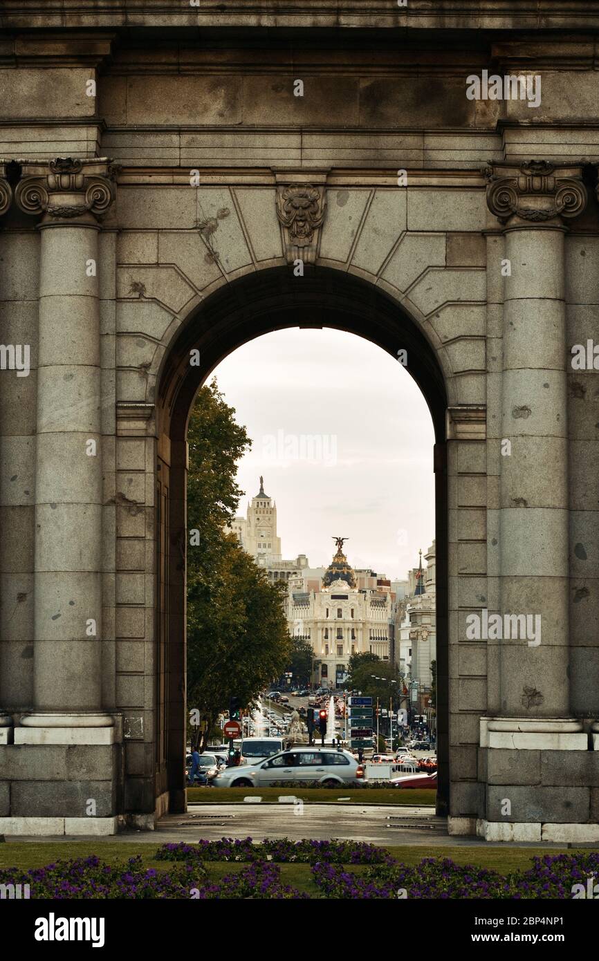 Puerta de Alcala or Alcala Gate arch closeup view in Madrid Spain Stock ...