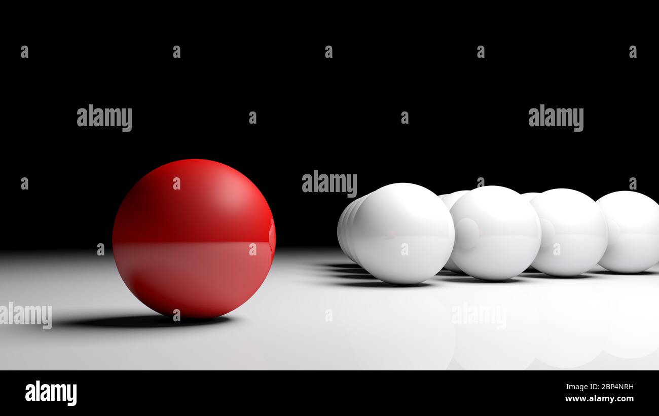 Abstract concept image - One red ball in front of many white balls on a ...