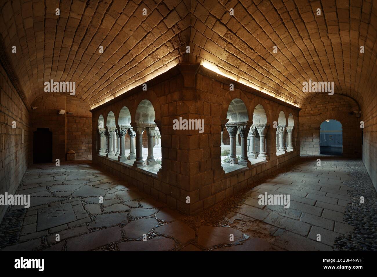 Hallway in Romanesque monastery in village in Pueblo Espanol Barcelona ...