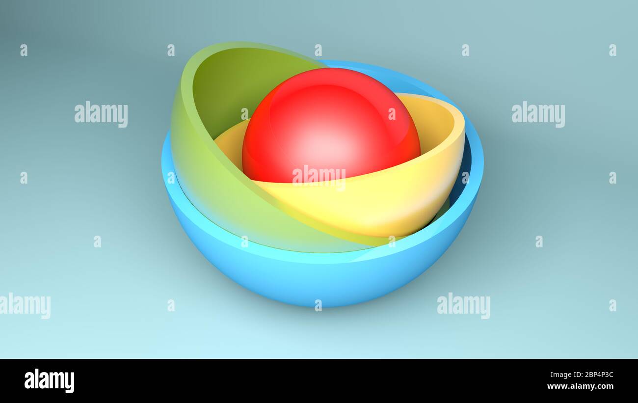 Abstract colored hemispheres and a red sphere inside of all - 3D ...