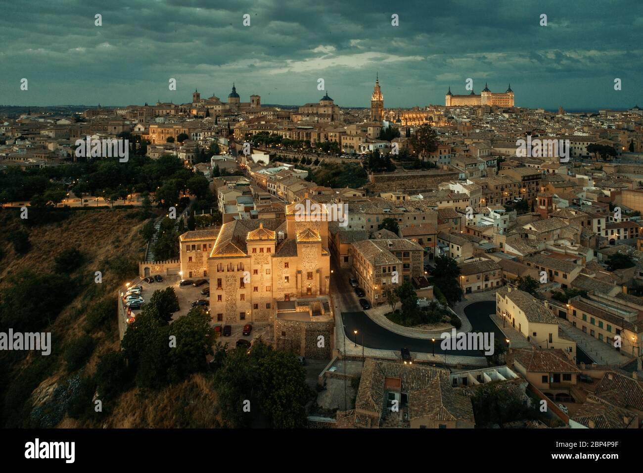 Aerial view of Toledo town skyline with historical buildings at night ...